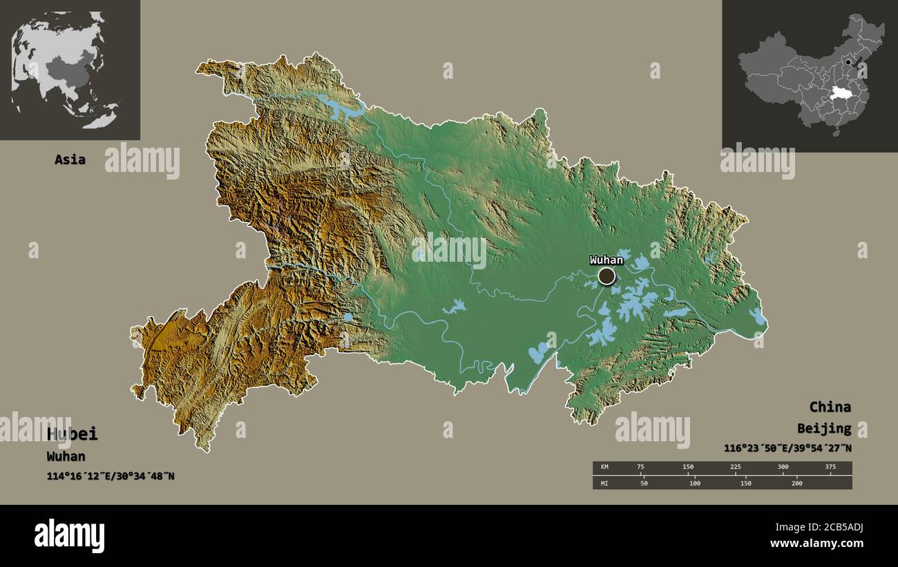 Shape of Hubei, province of China, and its capital. Distance scale ...