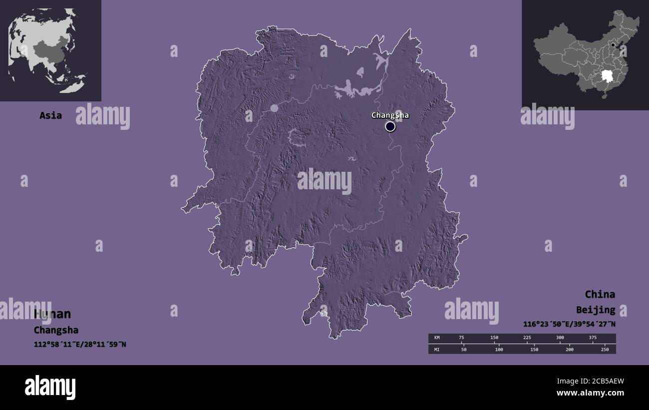 Shape of Hunan, province of China, and its capital. Distance scale ...