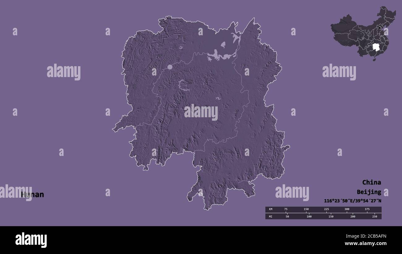 Shape of Hunan, province of China, with its capital isolated on solid ...
