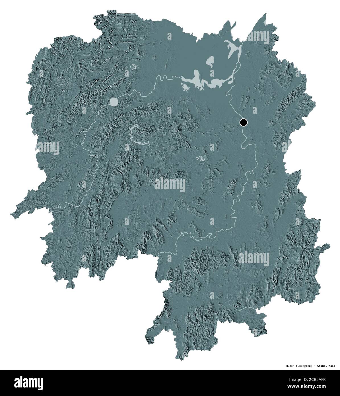 Shape of Hunan, province of China, with its capital isolated on white ...