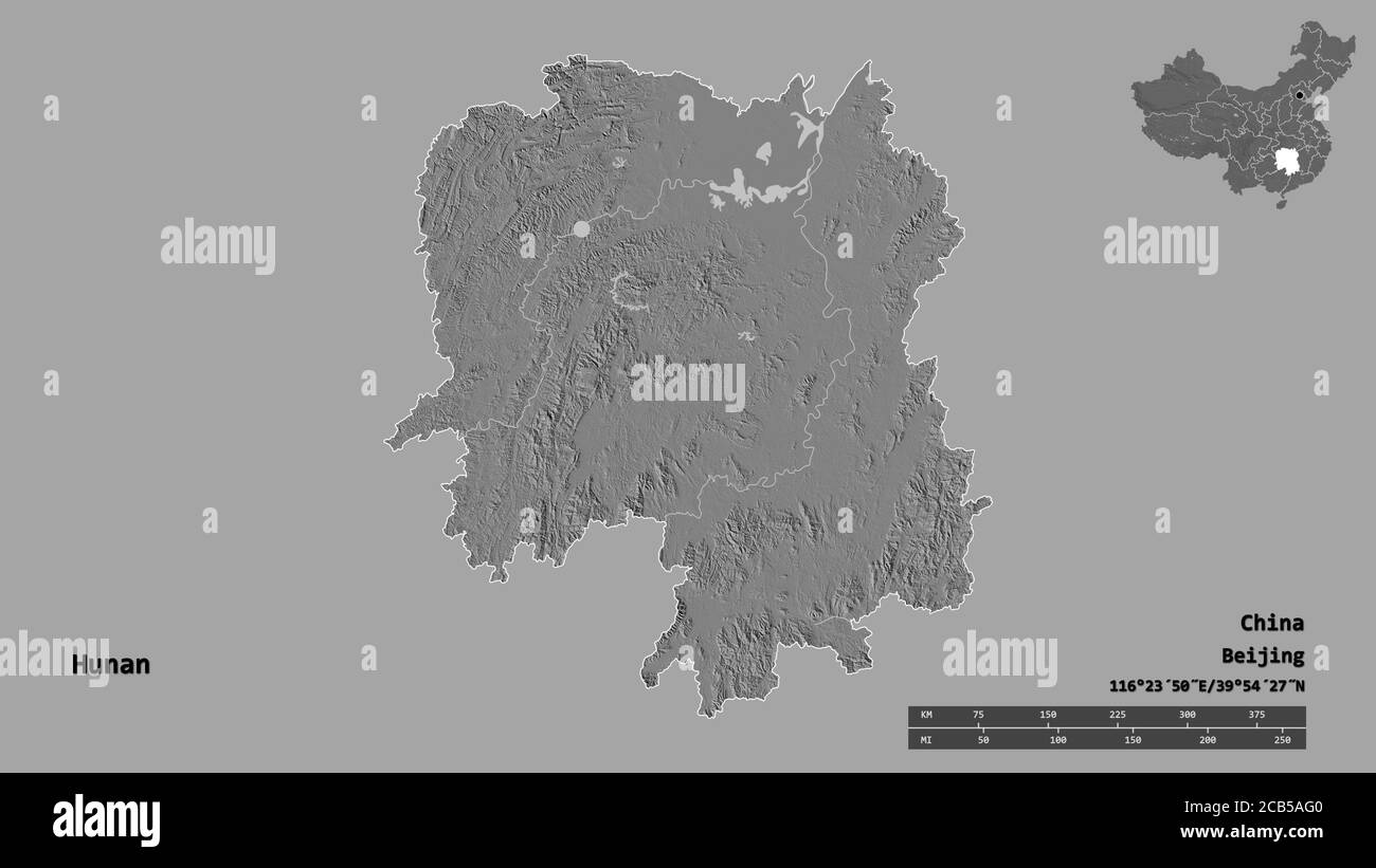 Shape of Hunan, province of China, with its capital isolated on solid ...