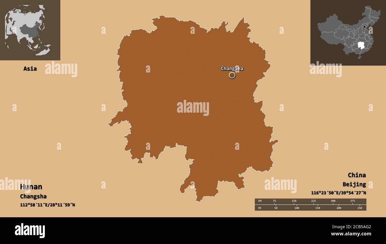 Shape of Hunan, province of China, and its capital. Distance scale ...