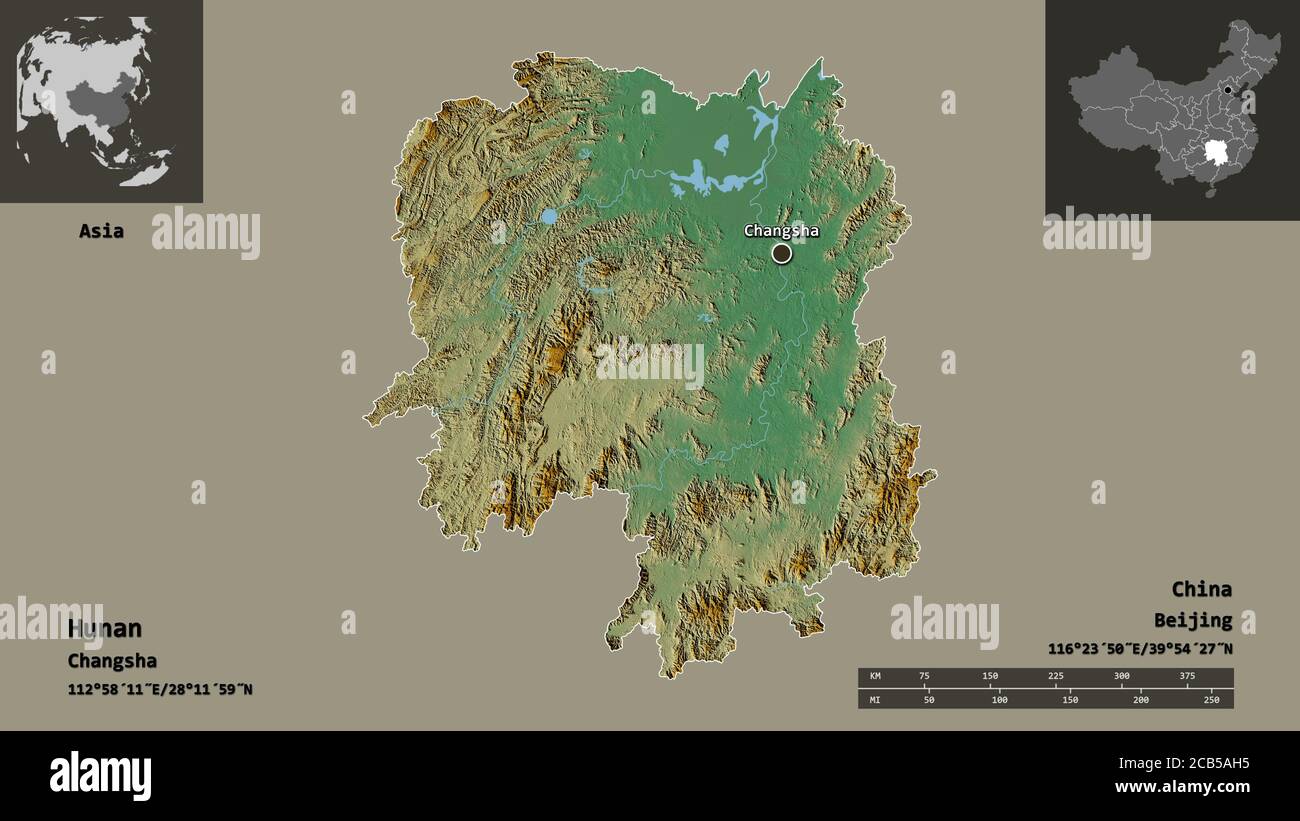 Shape of Hunan, province of China, and its capital. Distance scale ...