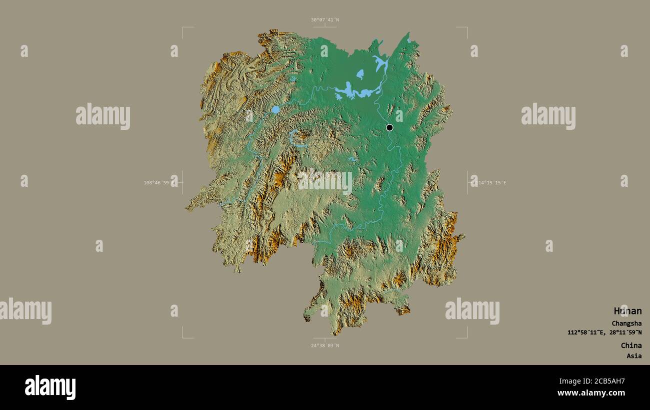 Area of Hunan, province of China, isolated on a solid background in a ...