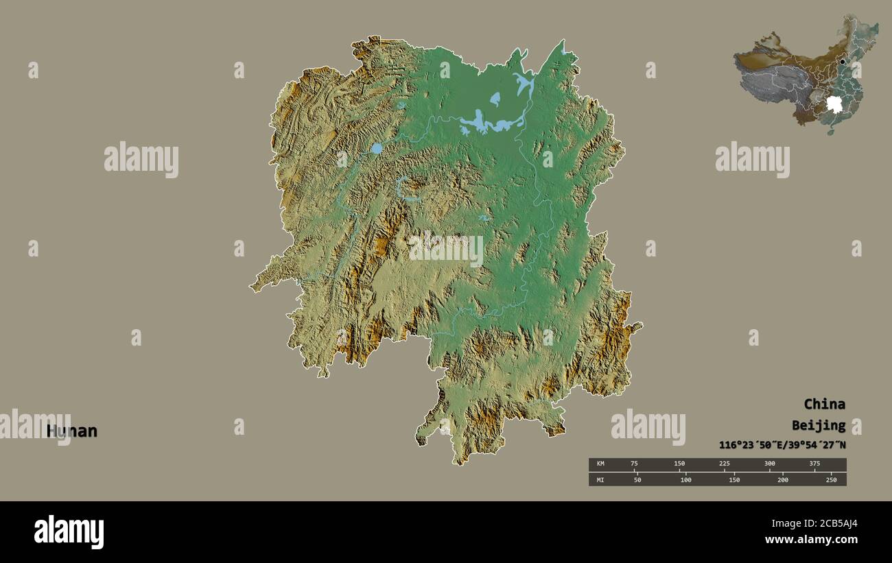 Shape of Hunan, province of China, with its capital isolated on solid ...