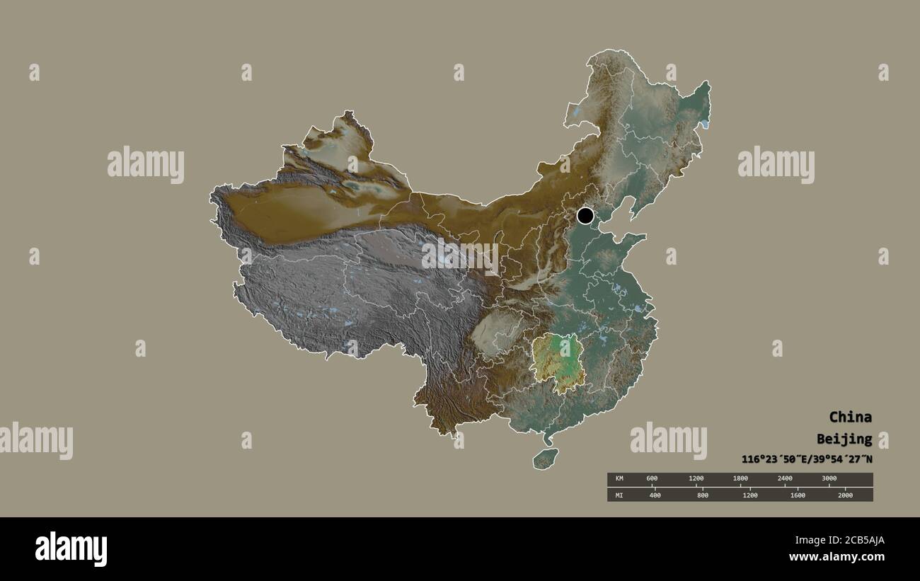 Desaturated shape of China with its capital, main regional division and ...