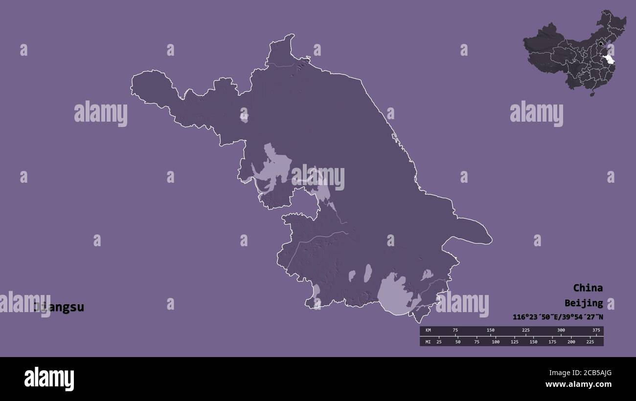 Shape of Jiangsu, province of China, with its capital isolated on solid ...