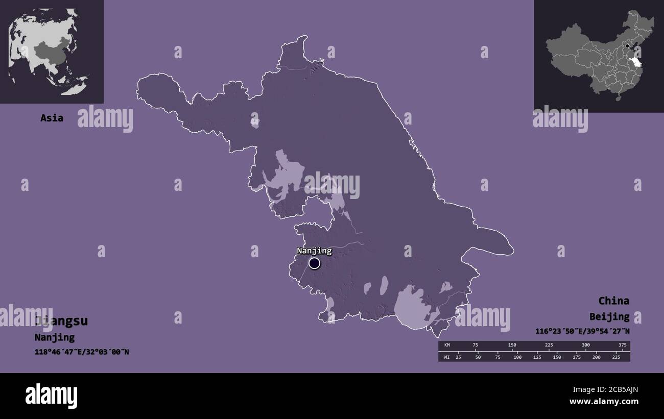 Shape of Jiangsu, province of China, and its capital. Distance scale ...