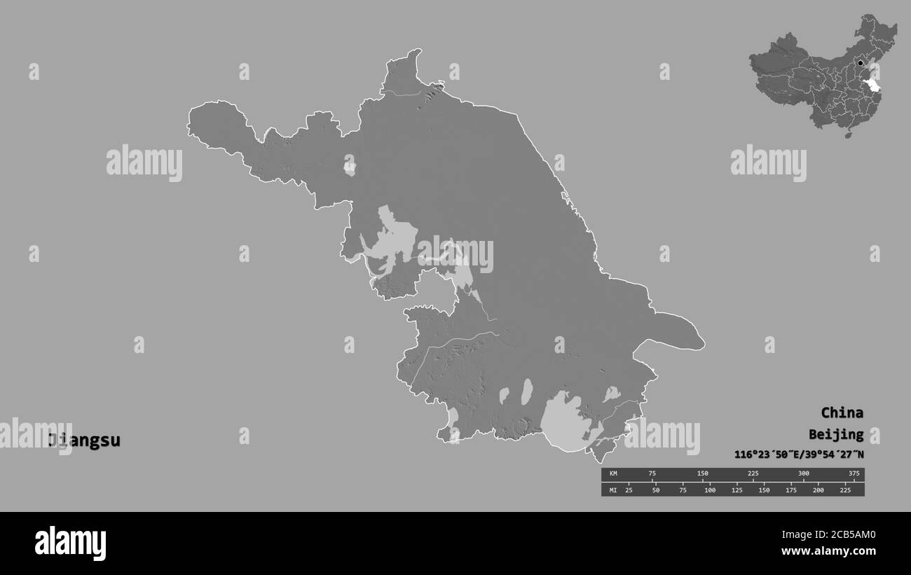 Shape of Jiangsu, province of China, with its capital isolated on solid ...