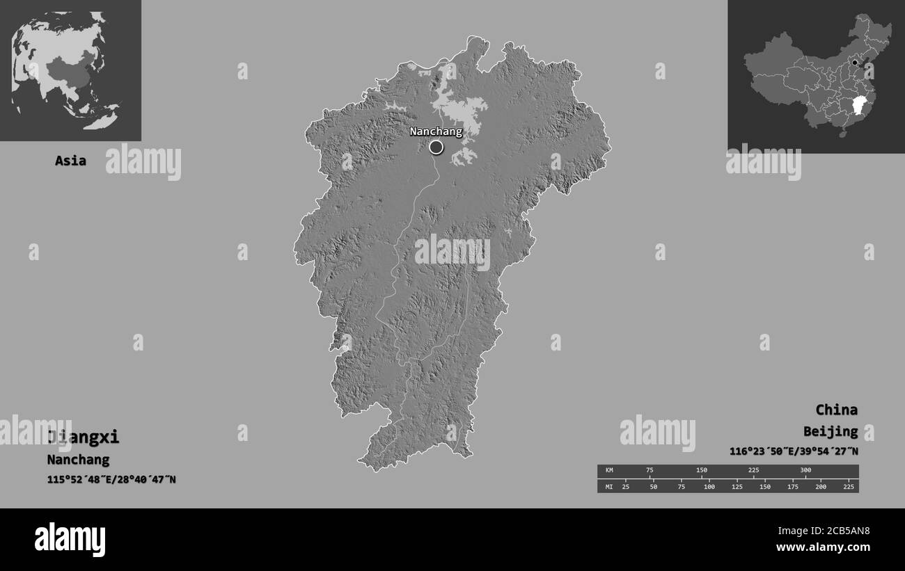 Shape of Jiangxi, province of China, and its capital. Distance scale ...