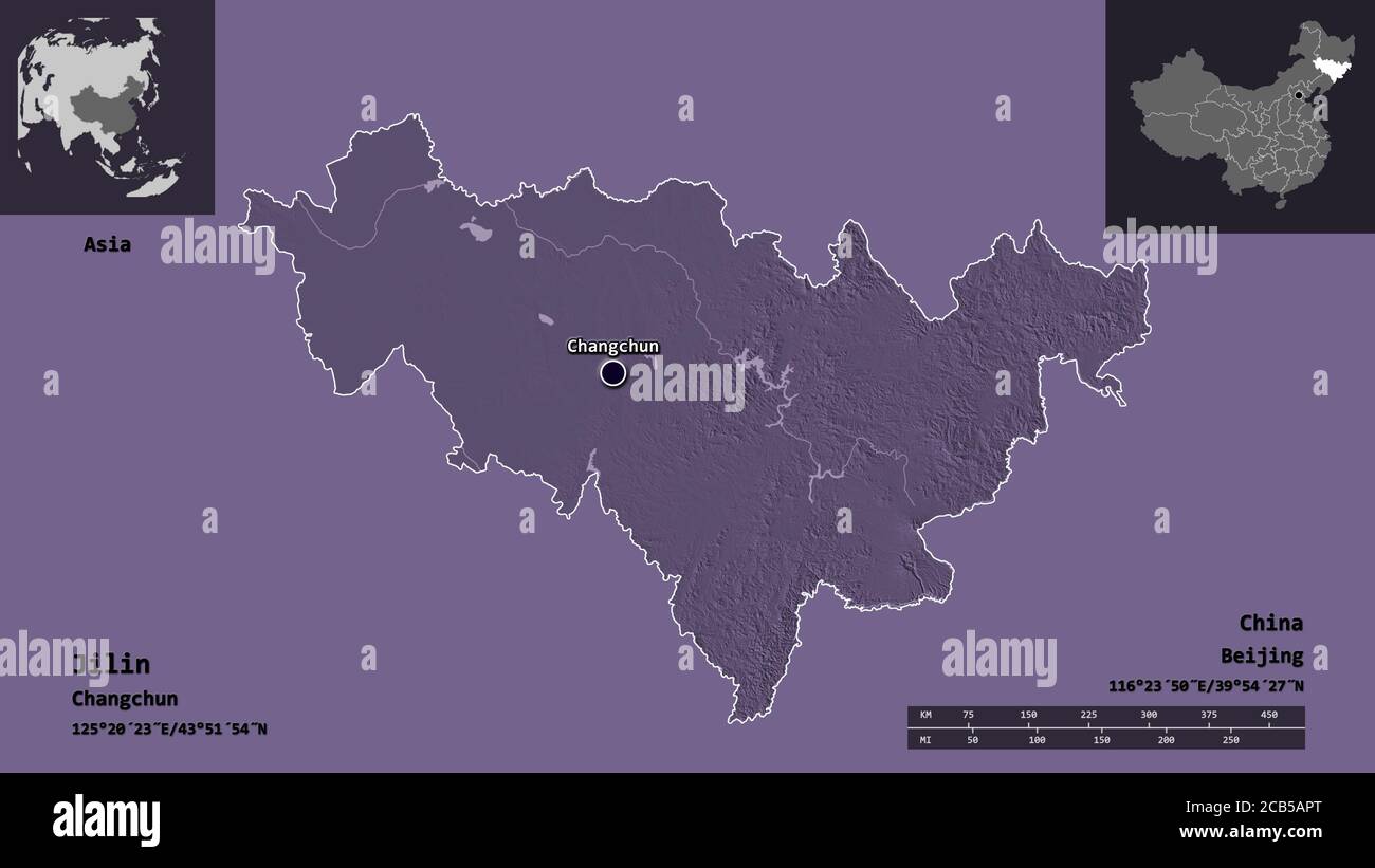 Shape of Jilin, province of China, and its capital. Distance scale ...