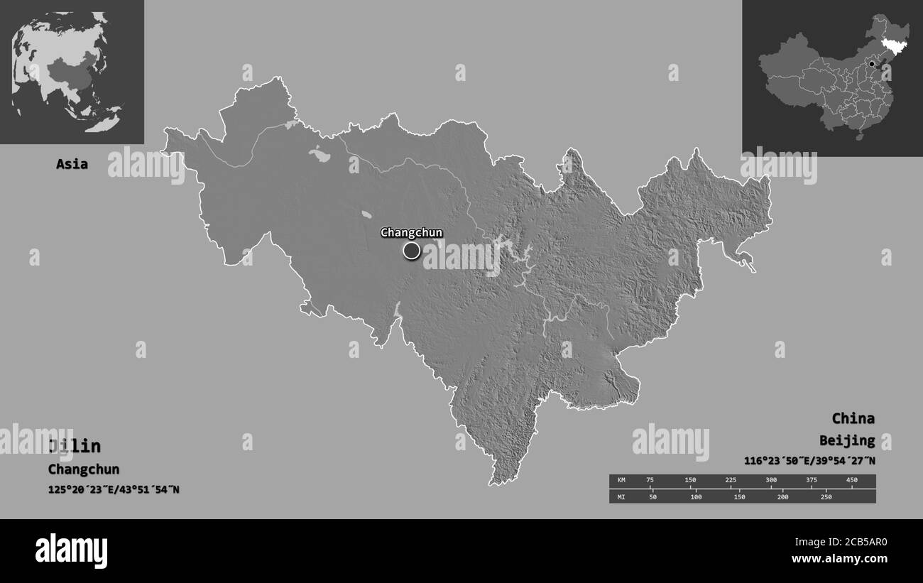 Shape of Jilin, province of China, and its capital. Distance scale ...
