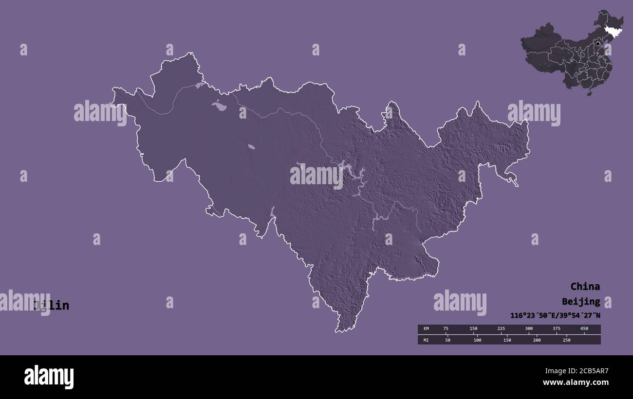 Shape of Jilin, province of China, with its capital isolated on solid ...
