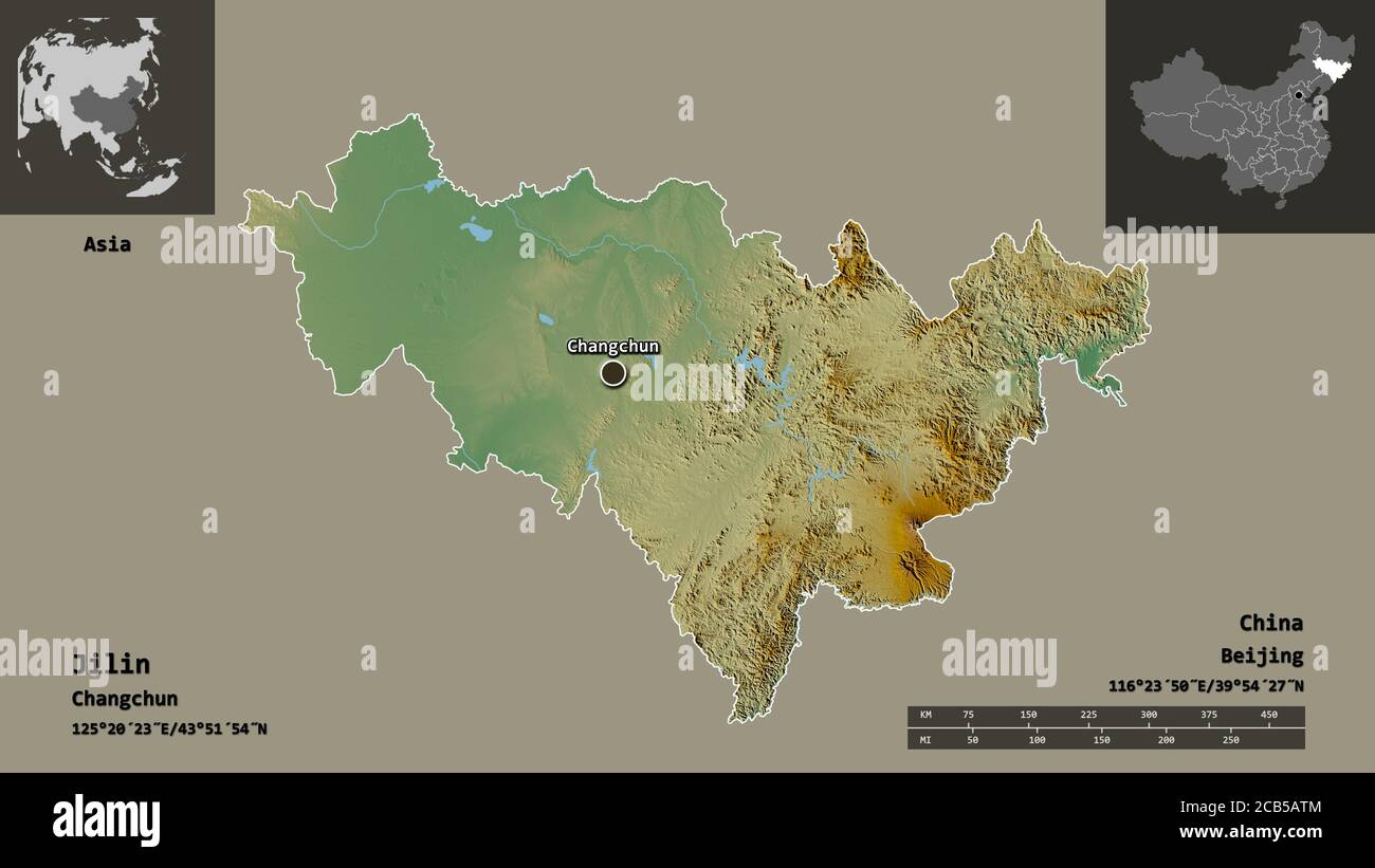 Shape of Jilin, province of China, and its capital. Distance scale ...