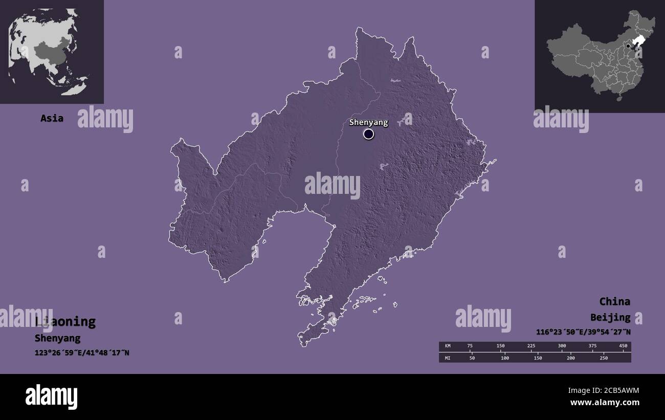Shape of Liaoning, province of China, and its capital. Distance scale ...