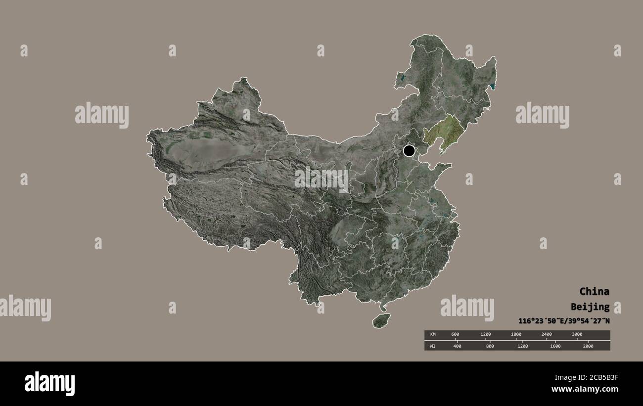 Desaturated shape of China with its capital, main regional division and ...