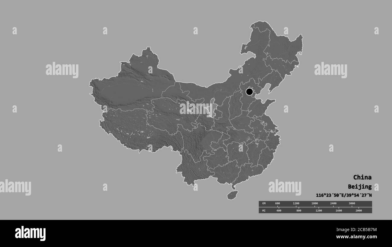 Desaturated shape of China with its capital, main regional division and ...
