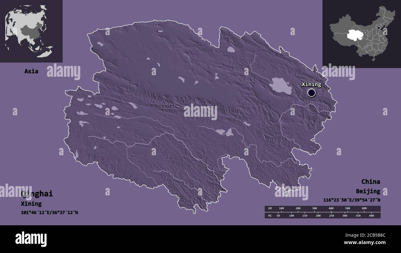 Shape of Qinghai, province of China, and its capital. Distance scale ...