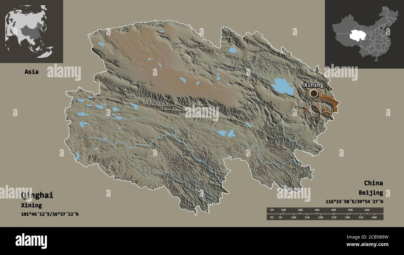 Shape of Qinghai, province of China, and its capital. Distance scale ...