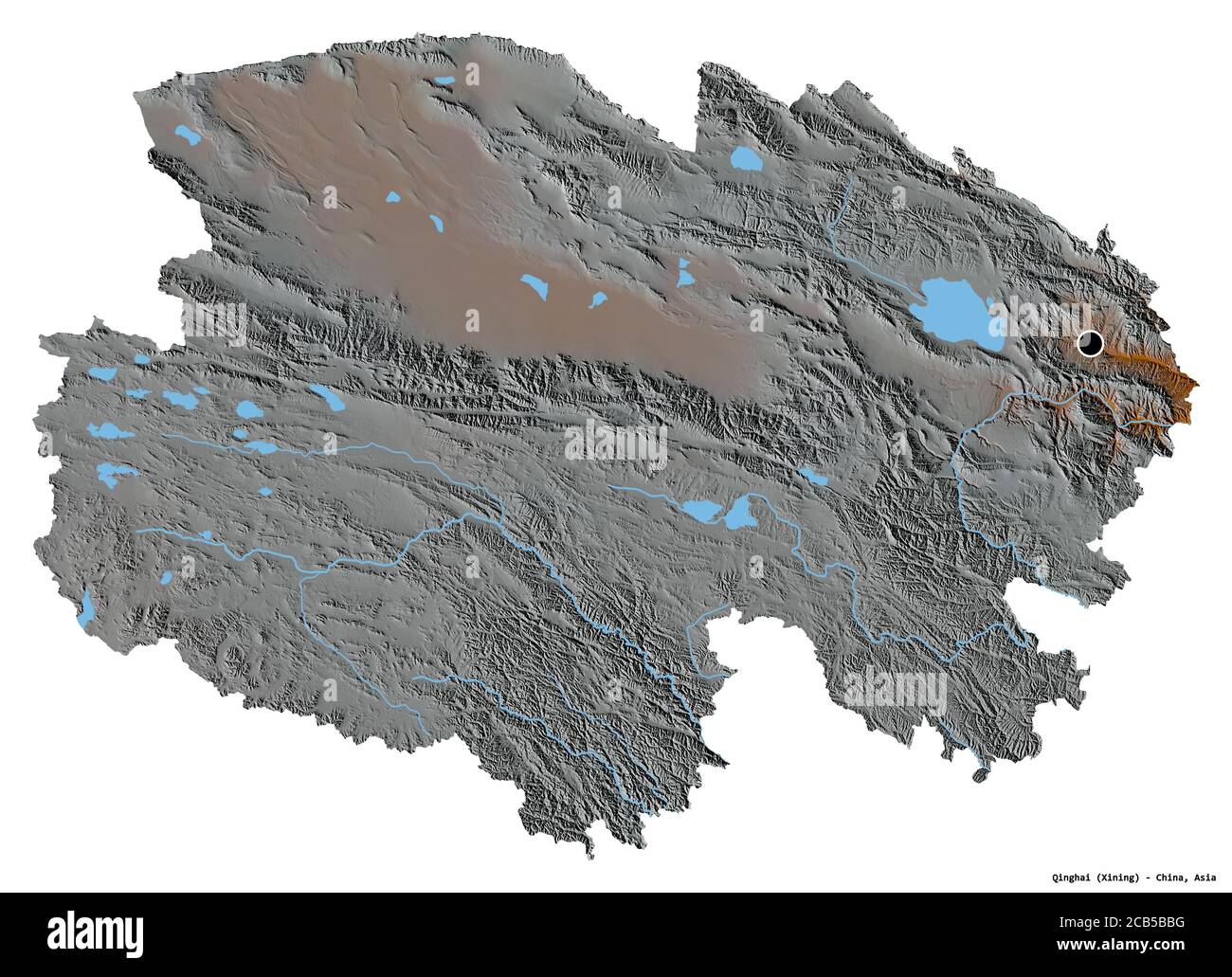 Shape of Qinghai, province of China, with its capital isolated on white ...