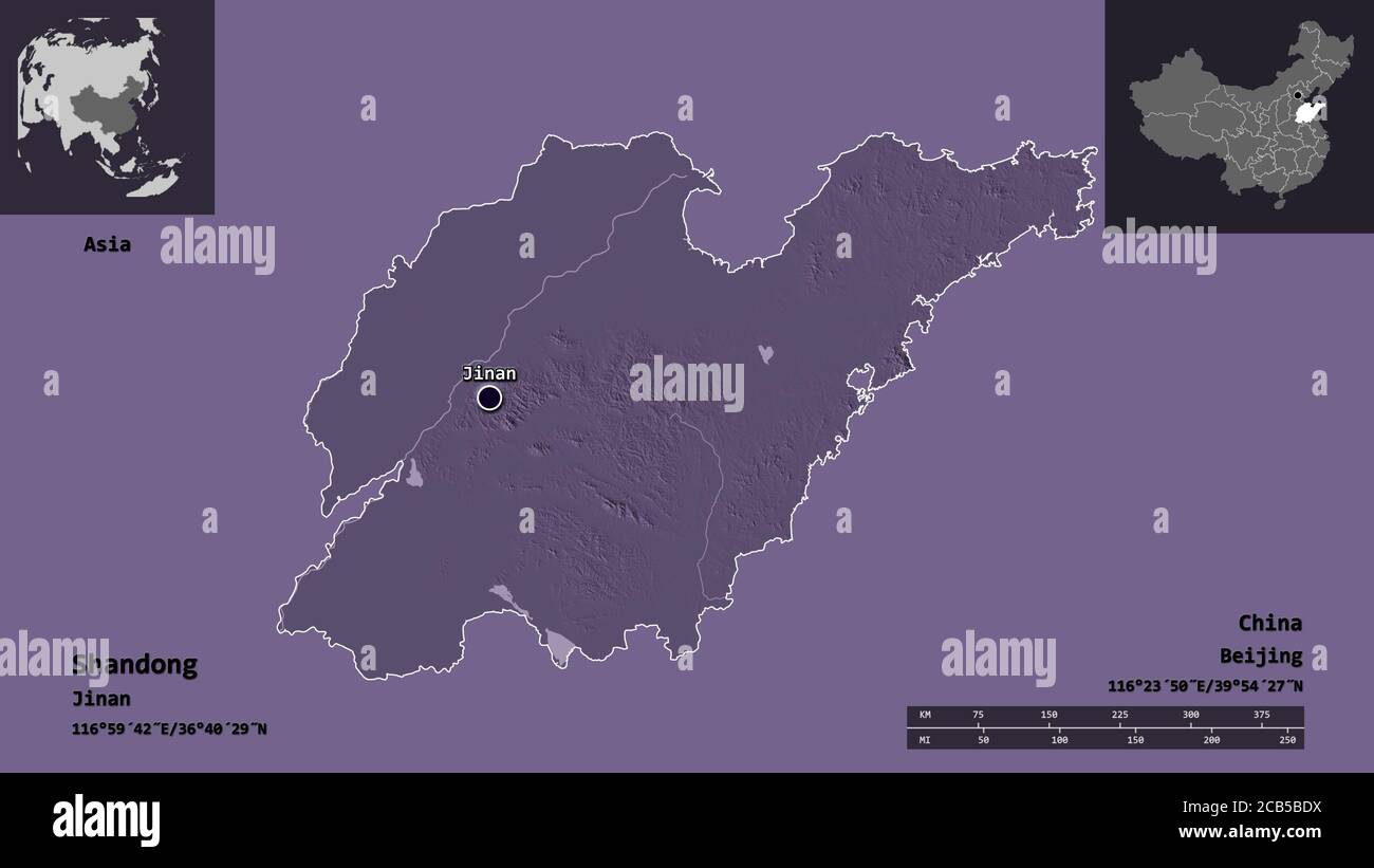 Shape of Shandong, province of China, and its capital. Distance scale ...