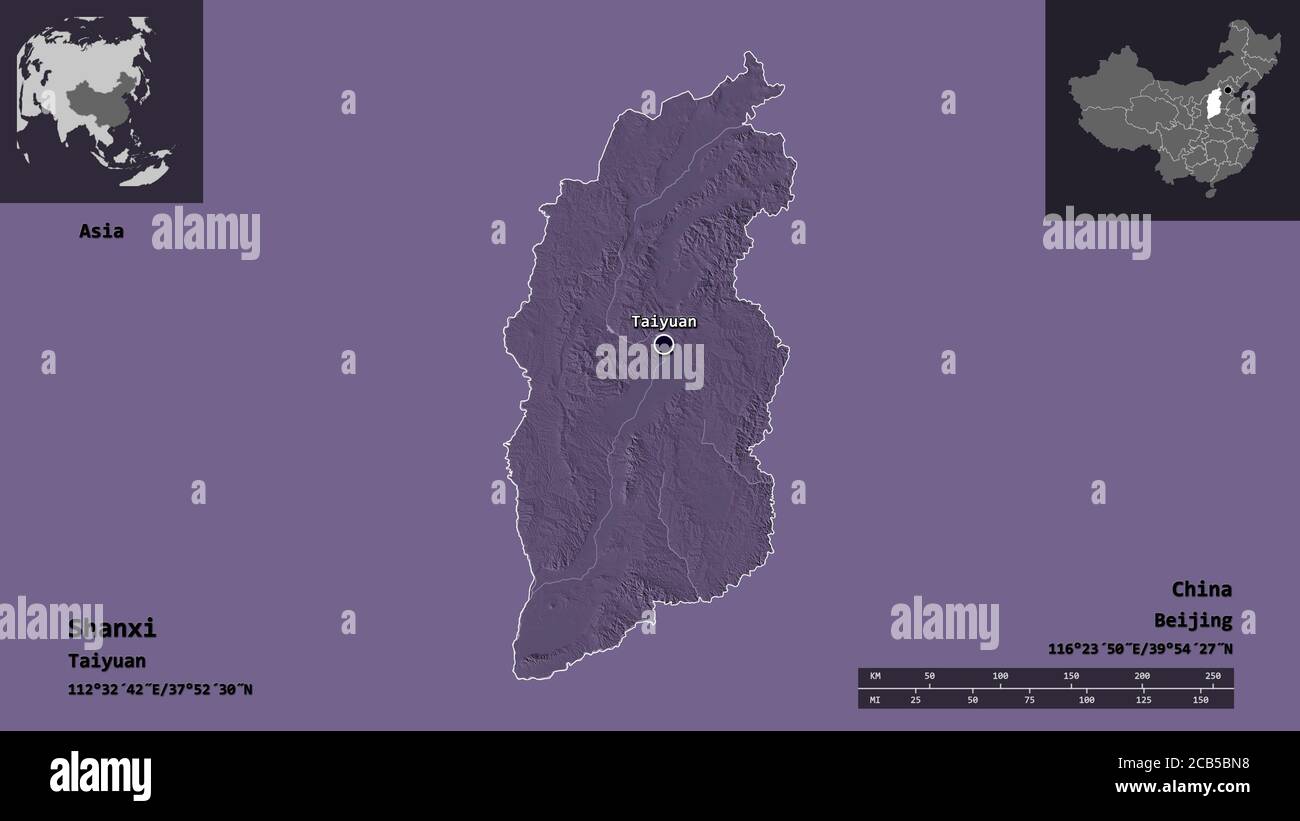Shape of Shanxi, province of China, and its capital. Distance scale ...