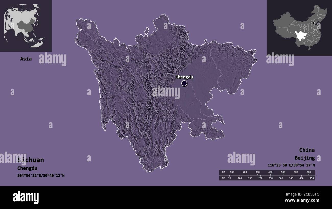 Shape of Sichuan, province of China, and its capital. Distance scale ...