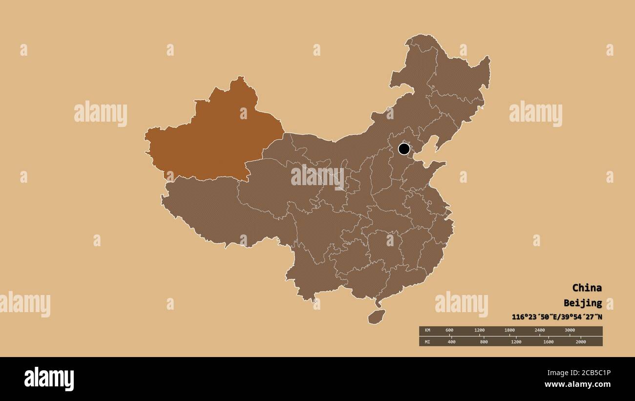 Desaturated shape of China with its capital, main regional division and ...