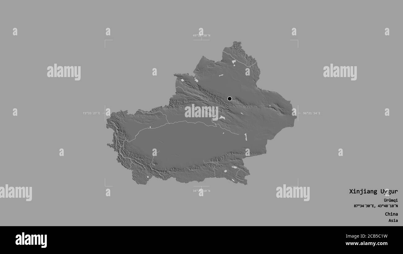 Area of Xinjiang Uygur, autonomous region of China, isolated on a solid ...