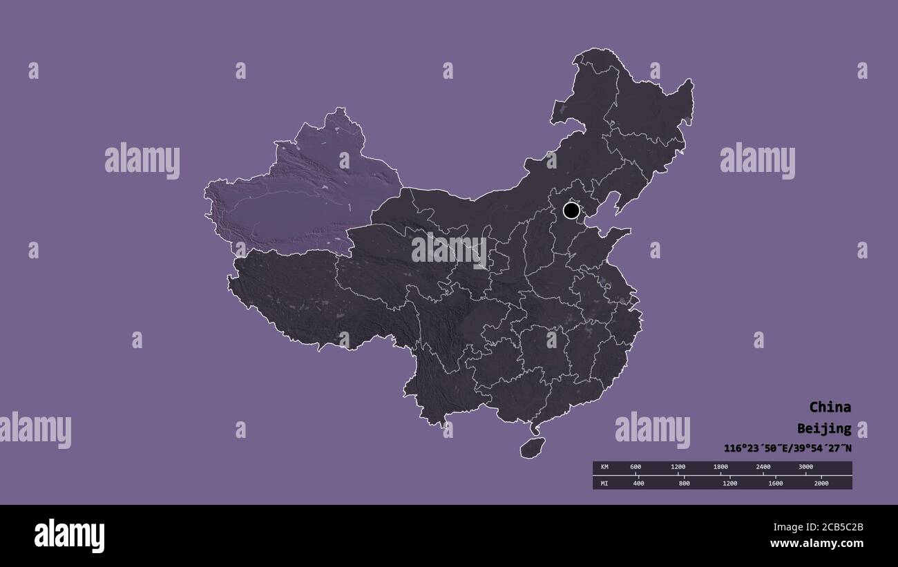 Desaturated shape of China with its capital, main regional division and ...