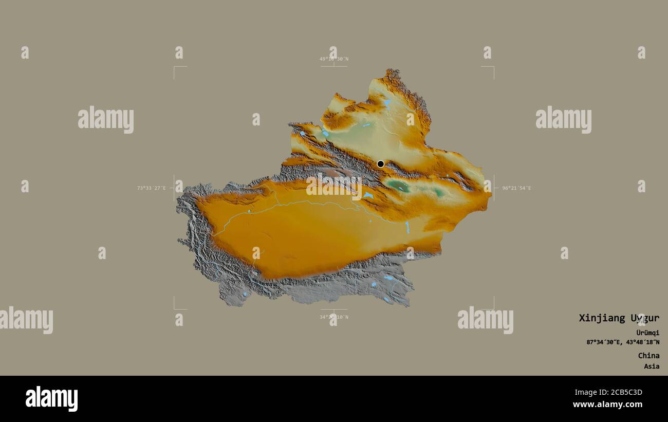 Area of Xinjiang Uygur, autonomous region of China, isolated on a solid ...