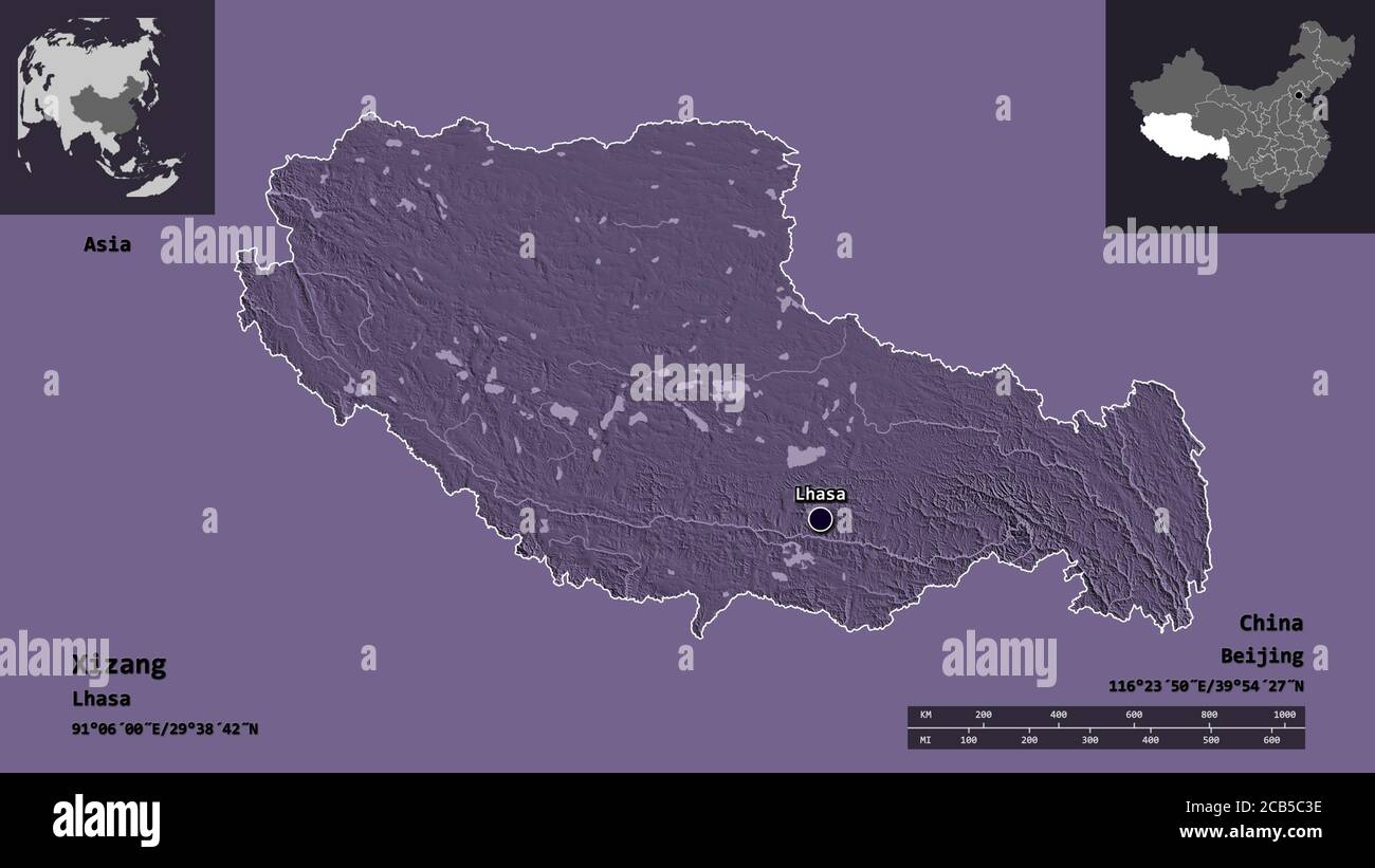 Shape of Xizang, autonomous region of China, and its capital. Distance ...