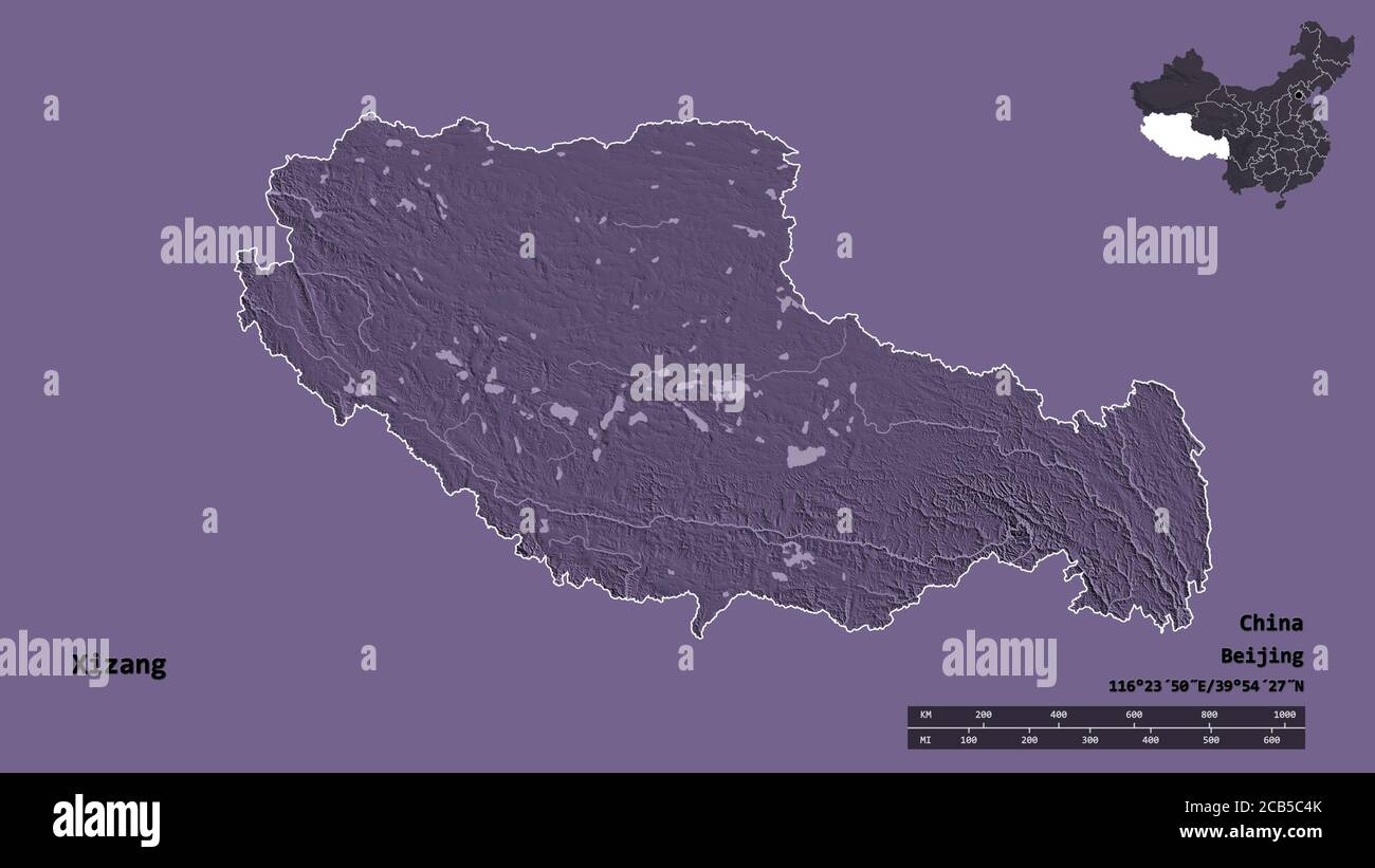 Shape of Xizang, autonomous region of China, with its capital isolated ...