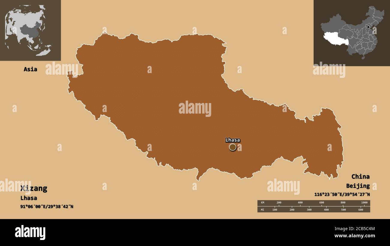 Shape of Xizang, autonomous region of China, and its capital. Distance ...