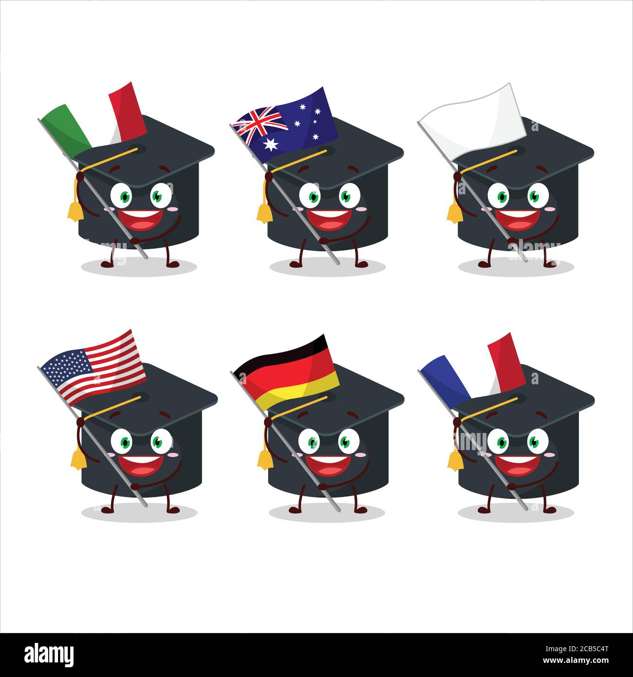 College hat cartoon character bring the flags of various countries ...
