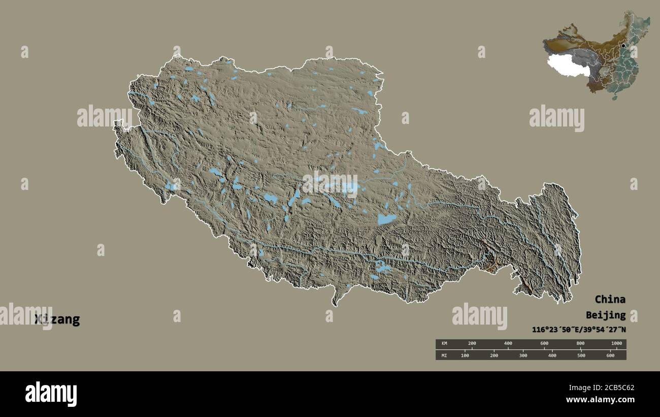 Shape of Xizang, autonomous region of China, with its capital isolated ...