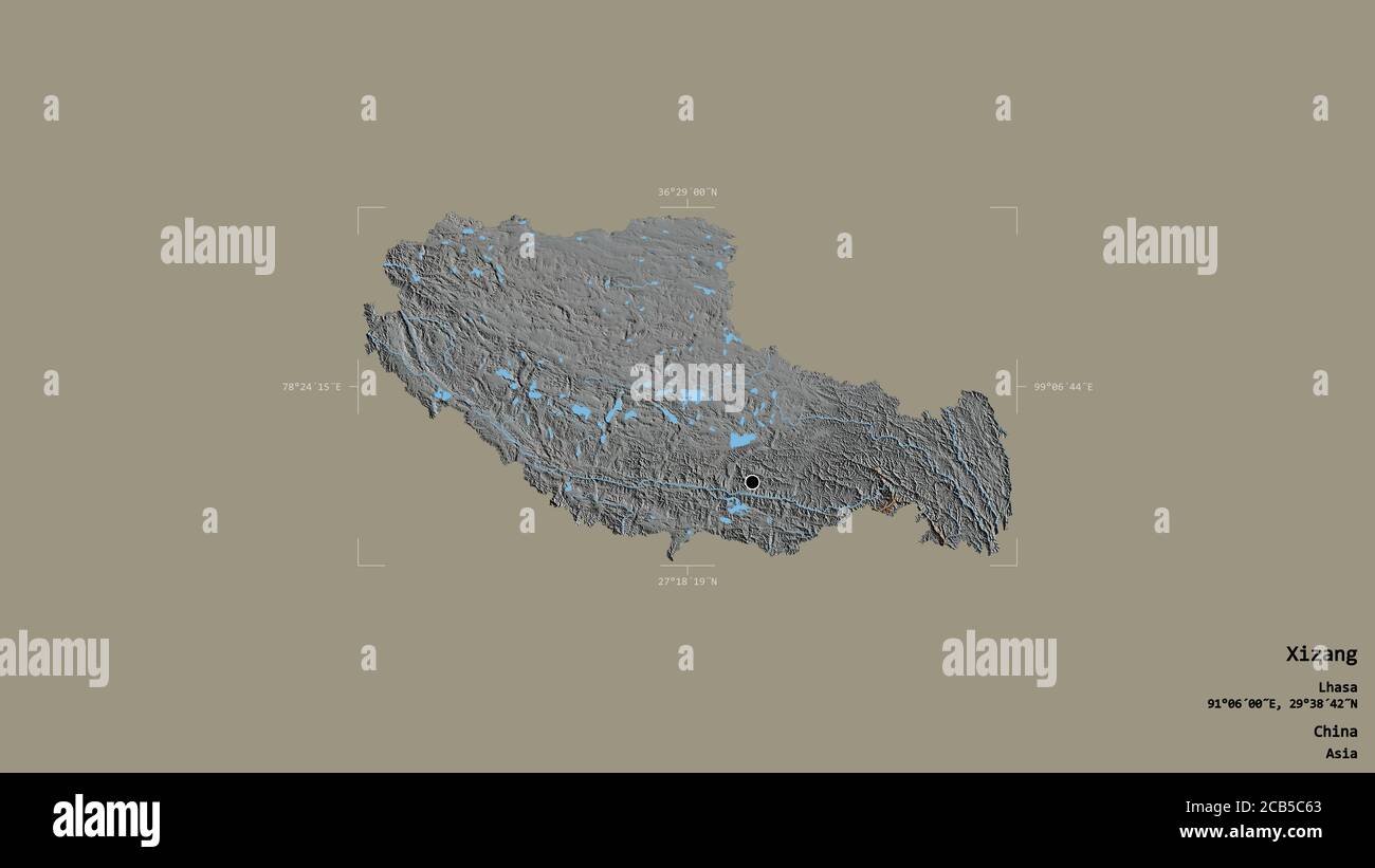 Area of Xizang, autonomous region of China, isolated on a solid ...