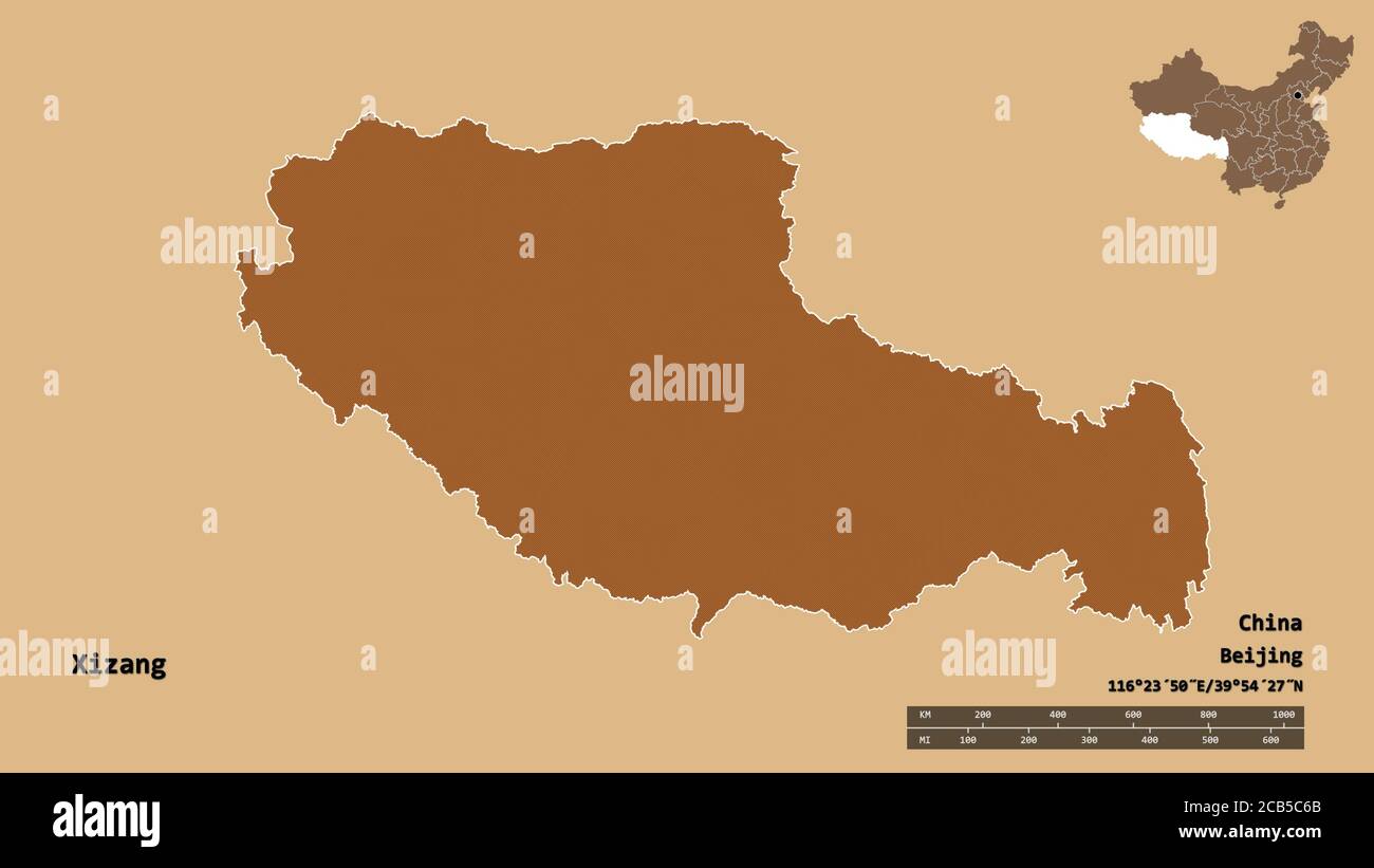 Shape of Xizang, autonomous region of China, with its capital isolated ...