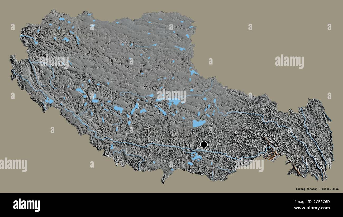 Shape of Xizang, autonomous region of China, with its capital isolated ...