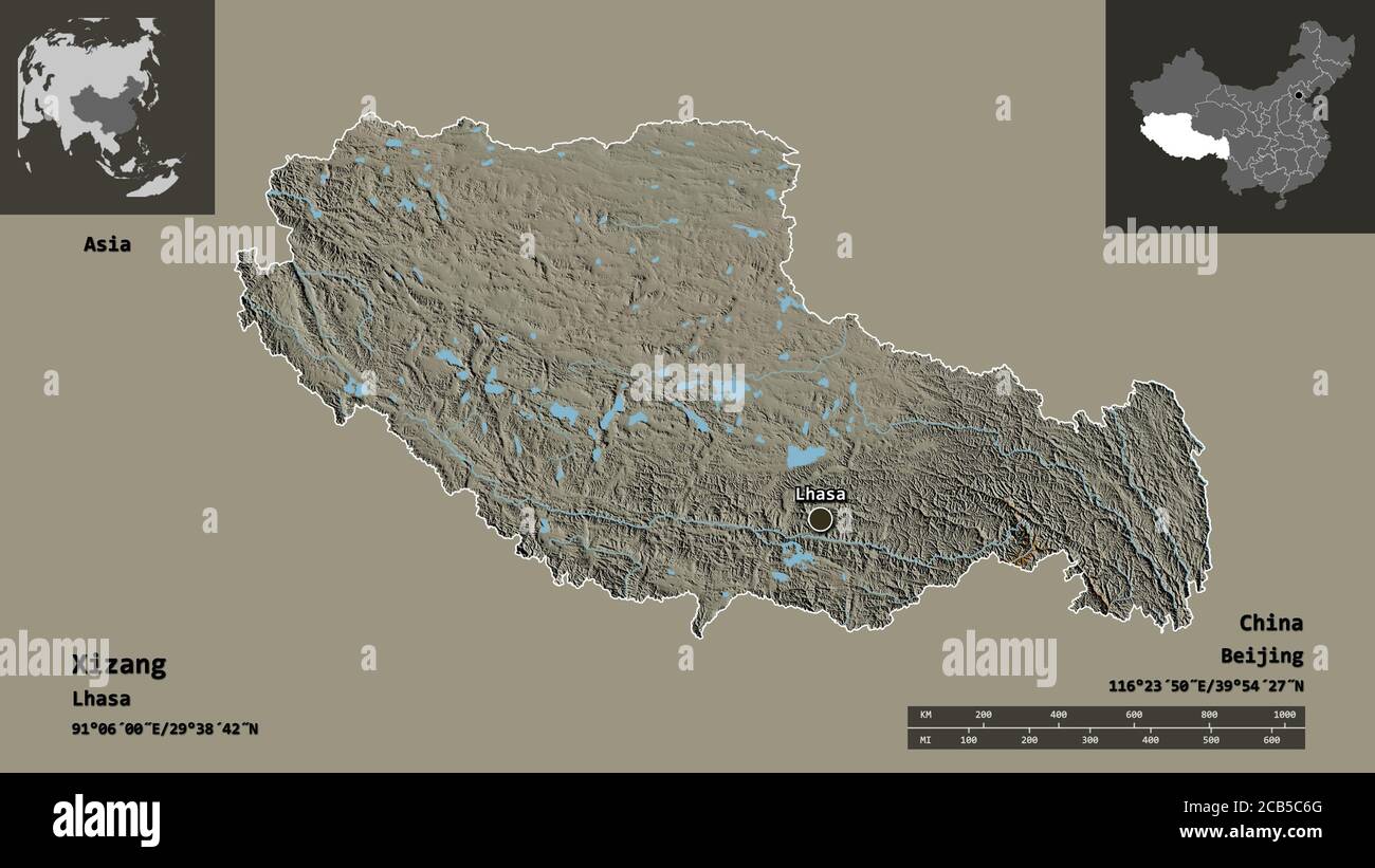 Shape of Xizang, autonomous region of China, and its capital. Distance ...