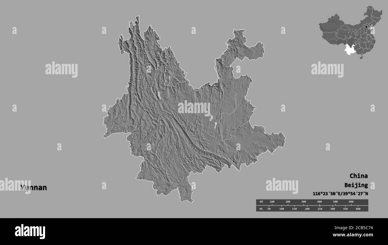 Shape of Yunnan, province of China, with its capital isolated on solid ...