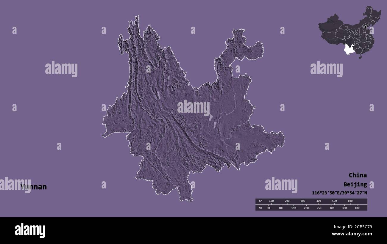 Shape of Yunnan, province of China, with its capital isolated on solid ...