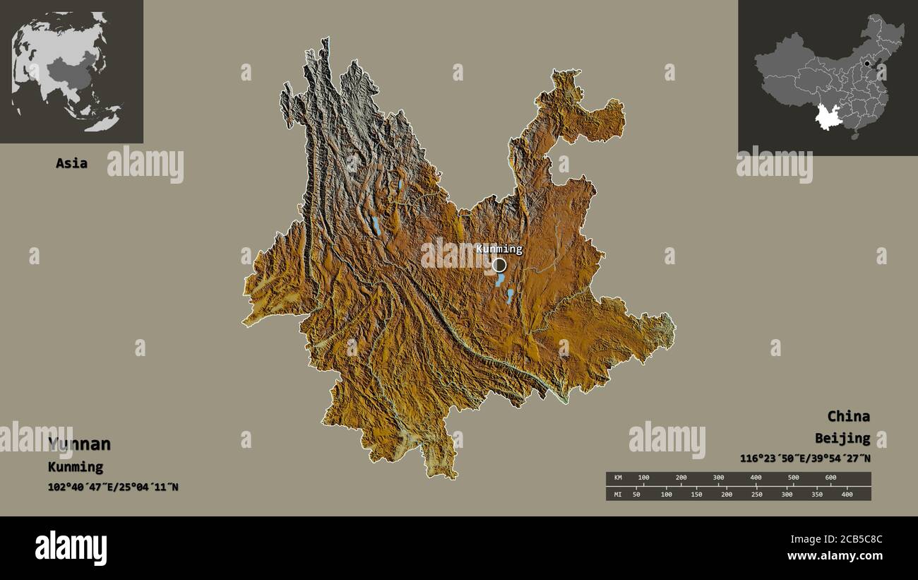 Shape of Yunnan, province of China, and its capital. Distance scale ...