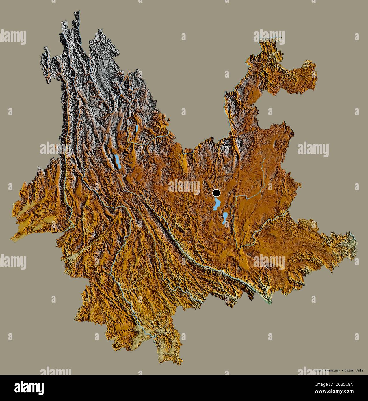 Shape of Yunnan, province of China, with its capital isolated on a ...