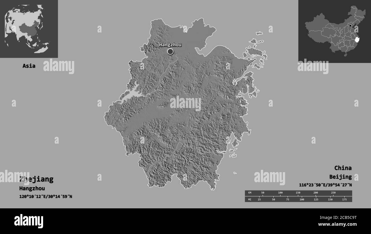 Shape of Zhejiang, province of China, and its capital. Distance scale ...