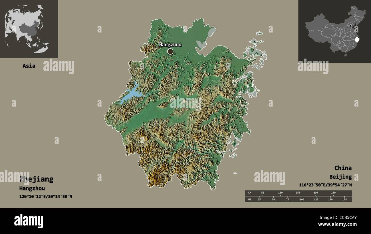 Shape of Zhejiang, province of China, and its capital. Distance scale ...