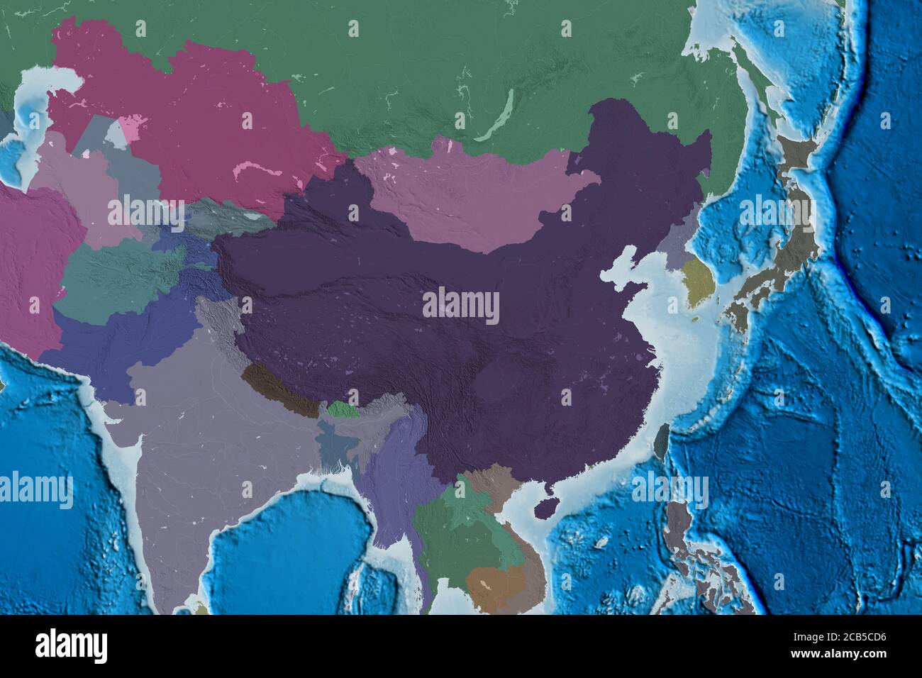 Extended area of China. Colored elevation map. 3D rendering Stock Photo ...