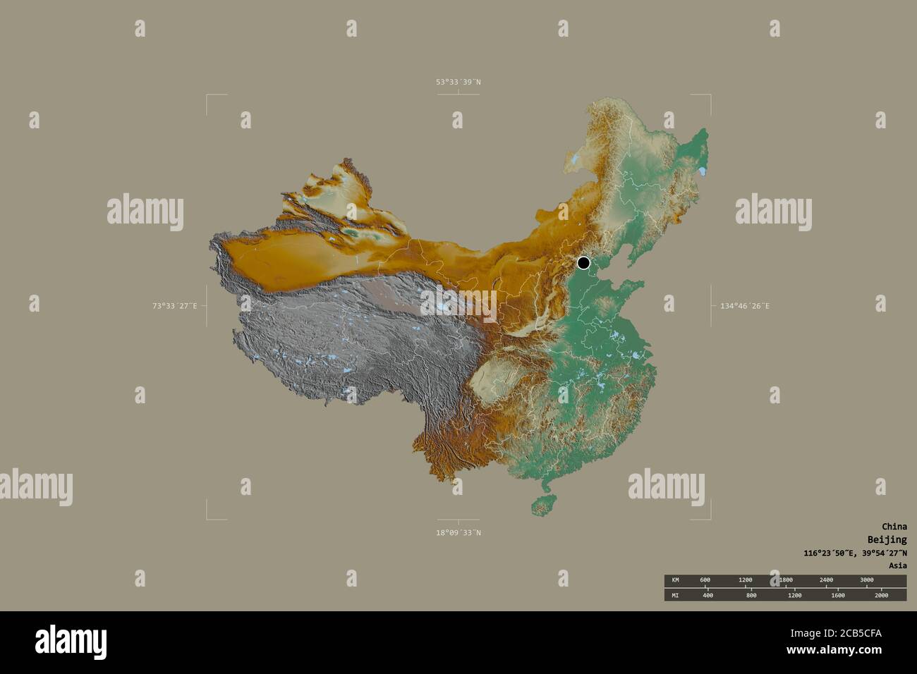 Area of China isolated on a solid background in a georeferenced ...