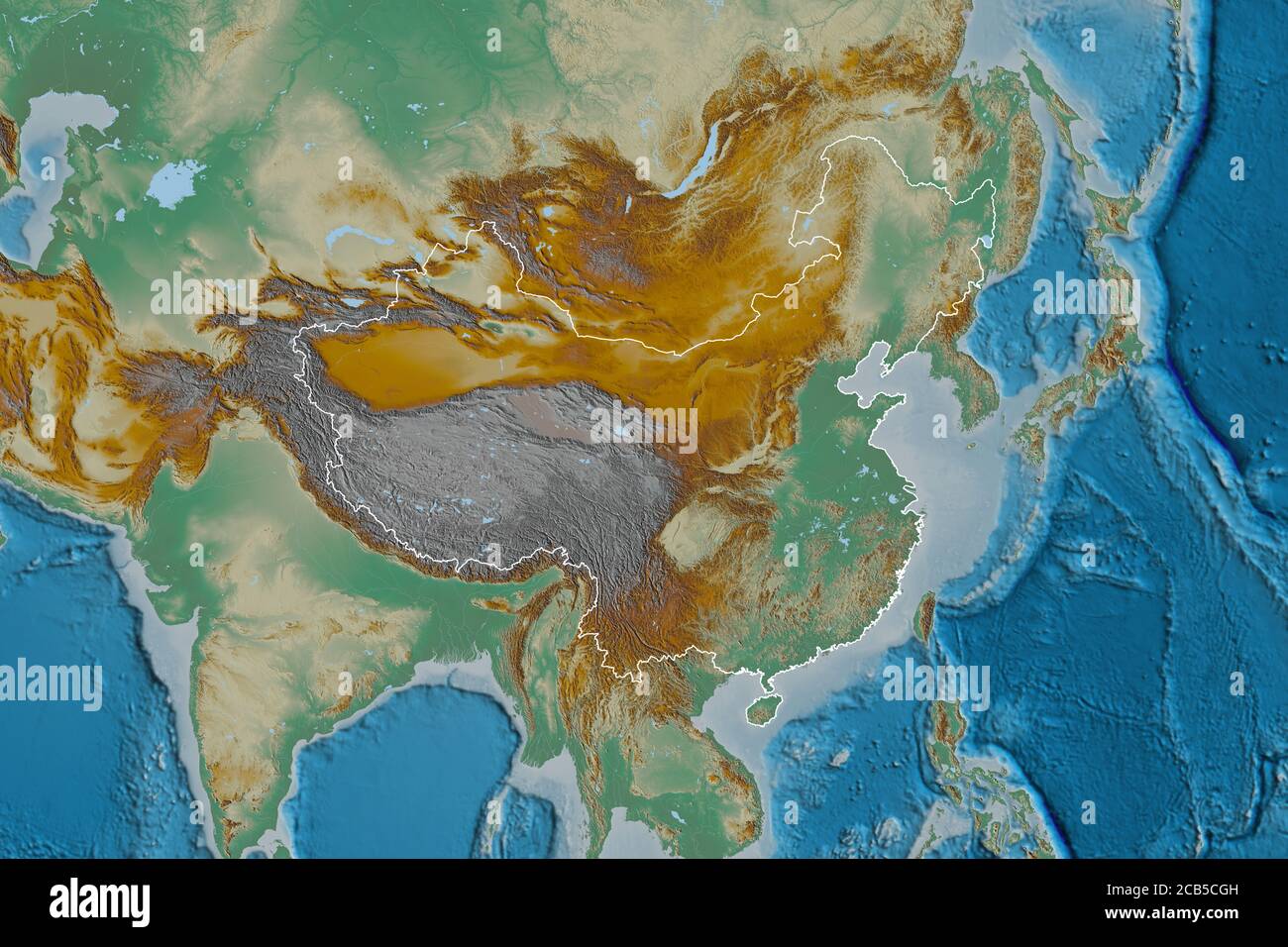 Extended area of outlined China. Topographic relief map. 3D rendering ... Extended area of outlined China. Topographic relief map. 3D rendering ...