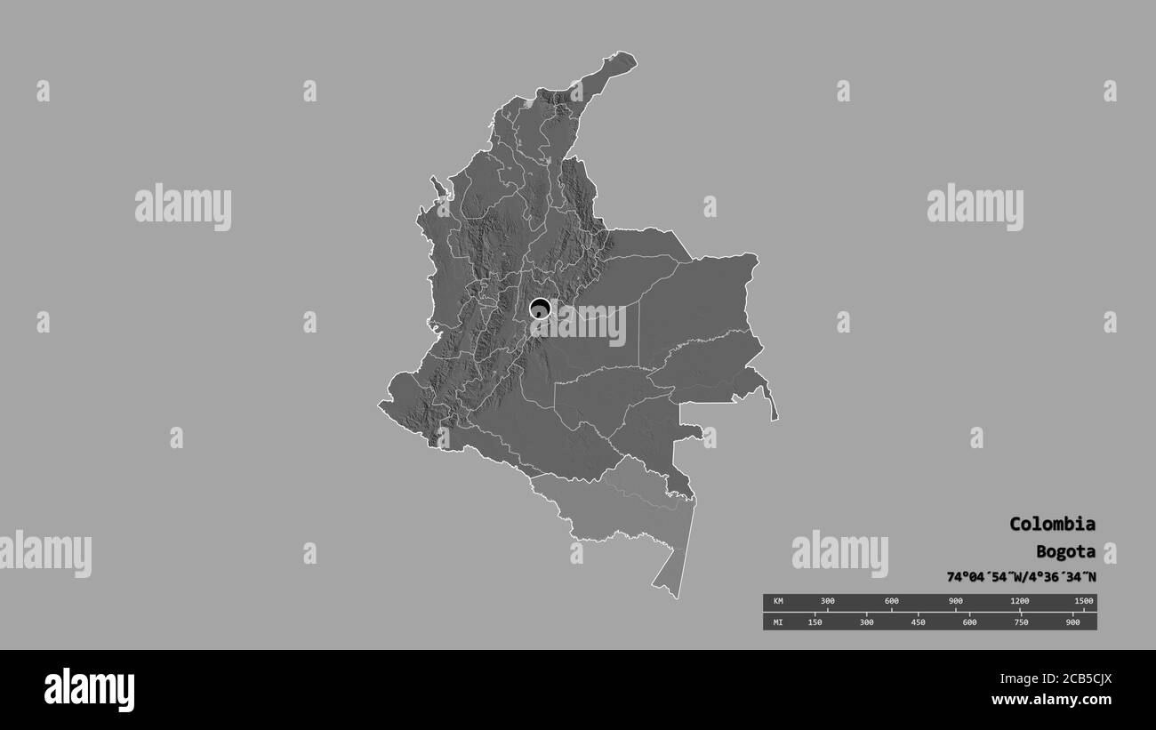 Desaturated shape of Colombia with its capital, main regional division ...